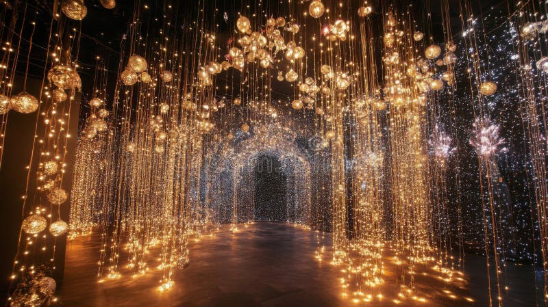 Golden Lights Path in Dark Ambient Atmosphere Stock Illustration ...