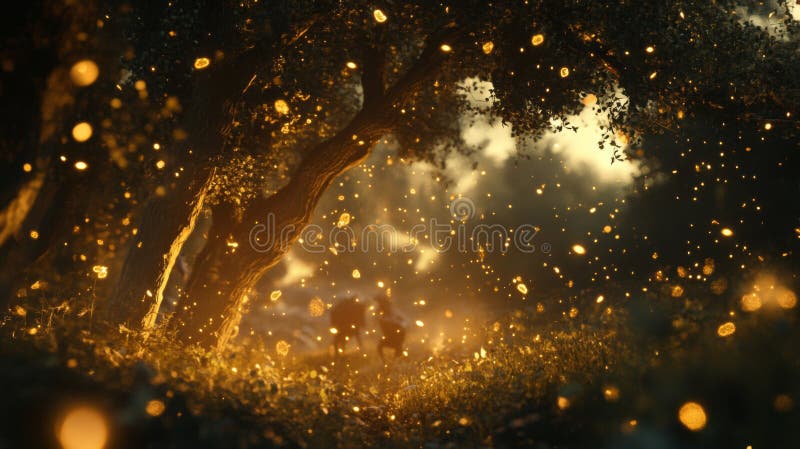 Golden Lights Raining through Trees in a Forest Clearing Stock ...