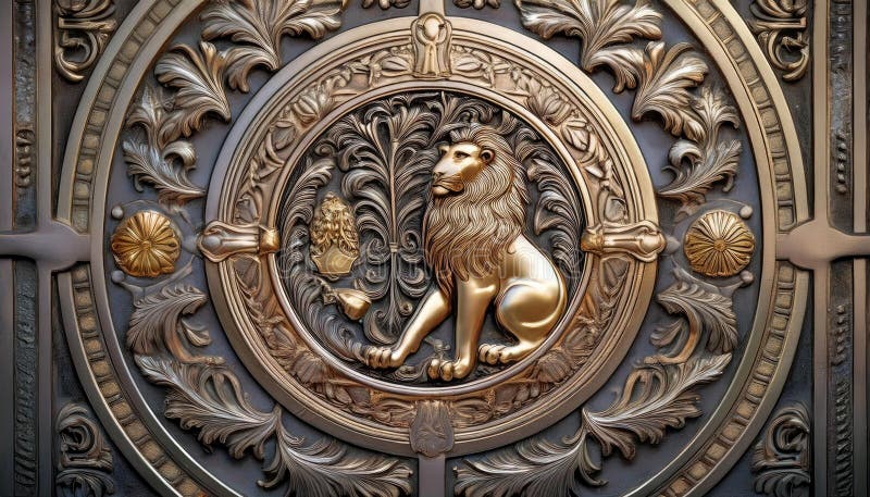 A Golden Lion Emblem Carved into a Circular Metallic Frame with ...