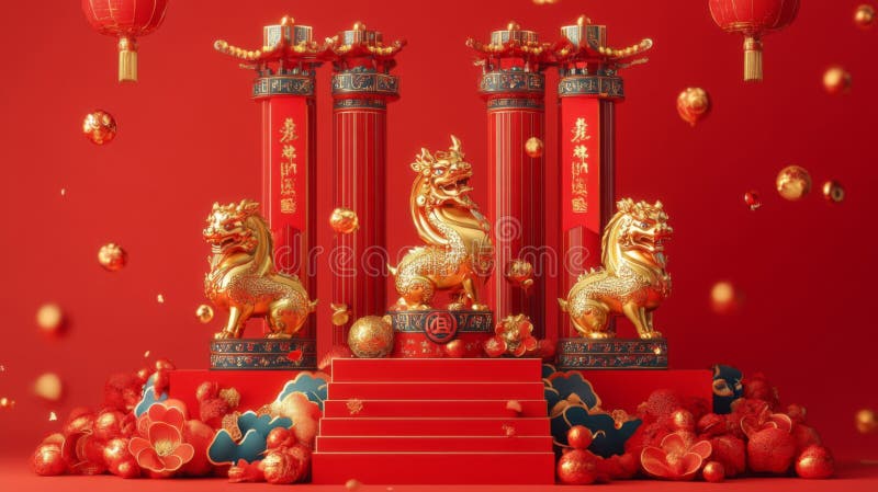 Golden Lion Statues Guarding Red Chinese Pillars Stock Illustration ...