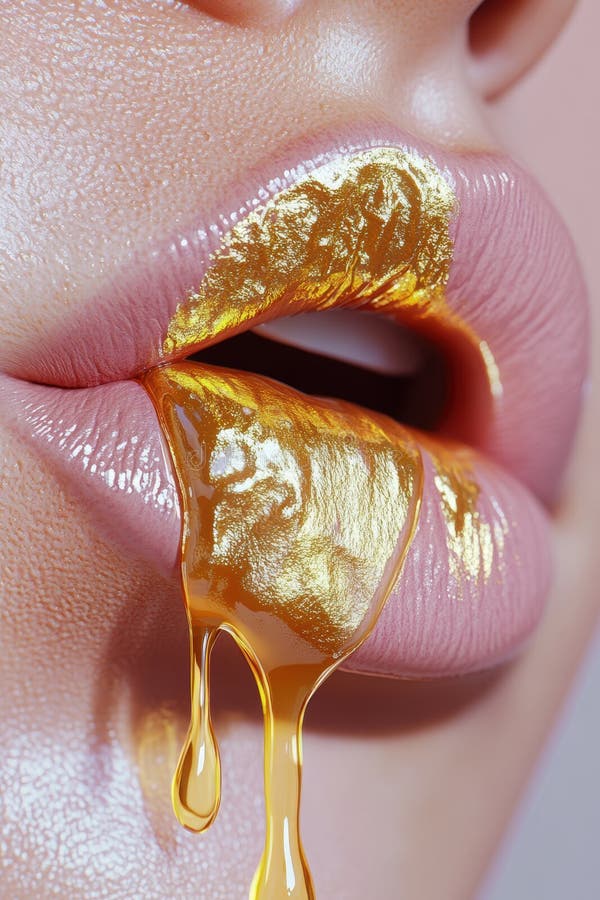 Golden Lips with Honey Dripping Close-up Stock Photo - Image of ...