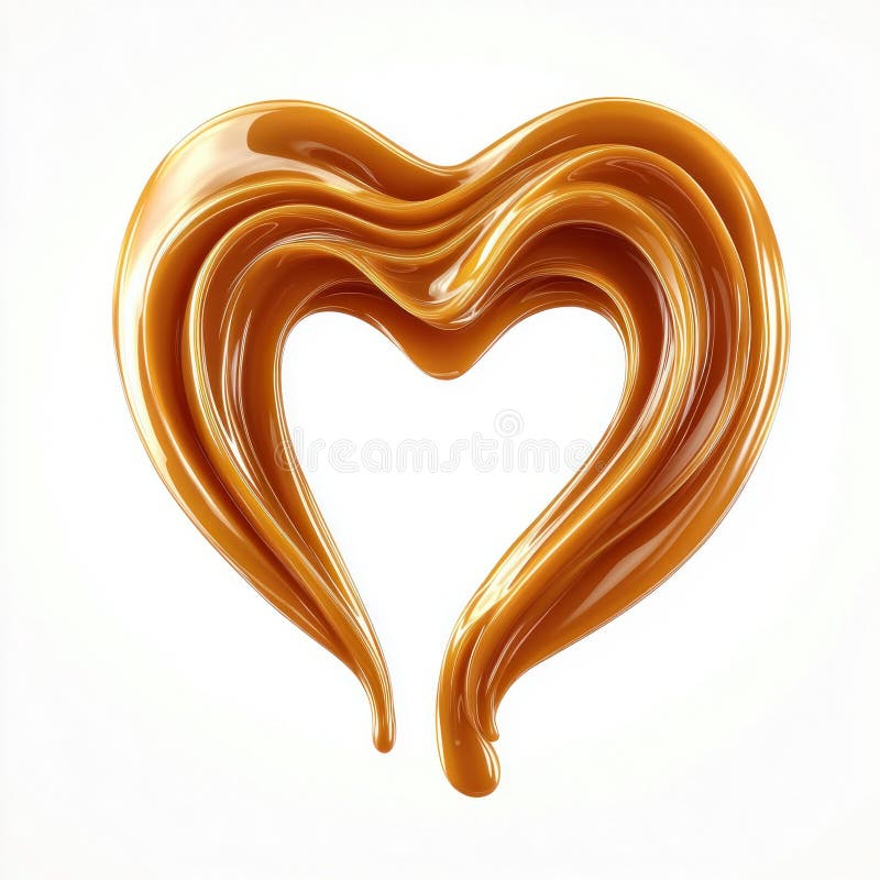 Golden Liquid Caramel Heart Shape on White Background Stock ...