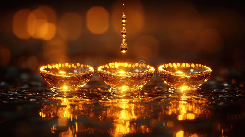 Golden Liquid Droplet Falling into Three Illuminated Bowls with ...