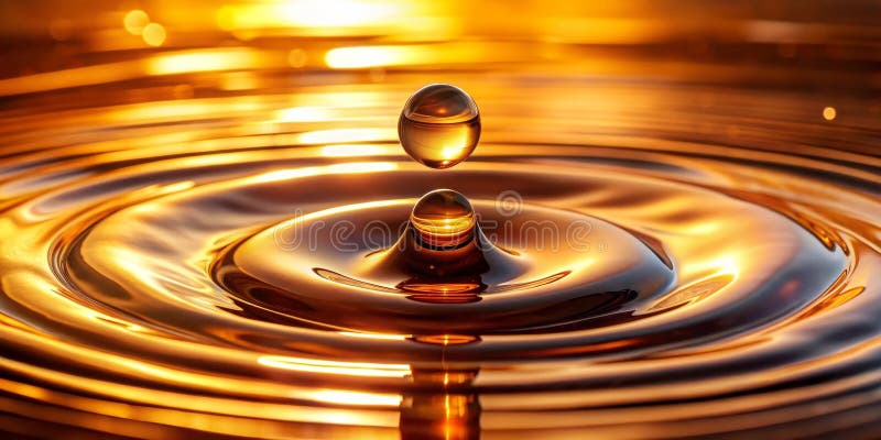Golden Liquid Droplet Impacting a Reflective Surface, Creating ...