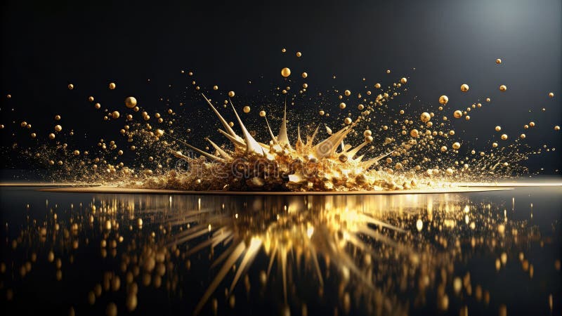 Golden Liquid Explosion with Reflective Surface and Suspended Spheres ...