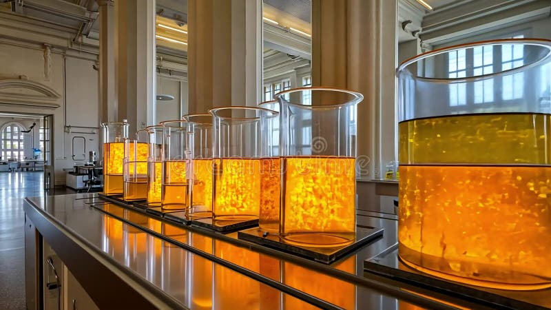 Golden Liquid in Glass Beakers on a Lab Counter in a Bright, Spacious ...