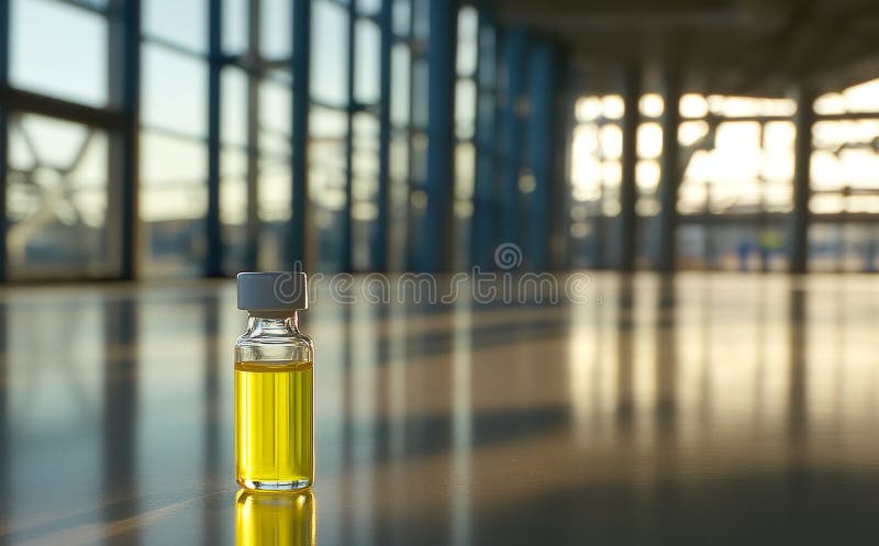 The Golden Liquid from a Glass Vial Sits on a Reflective Surface in a ...