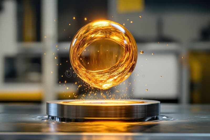 Floating Golden Liquid Orb Suspended Above a Metallic Surface in a ...