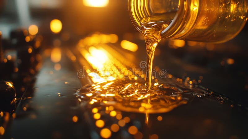 Golden Liquid Pouring Onto Dark Surface Reflecting Light Stock ...