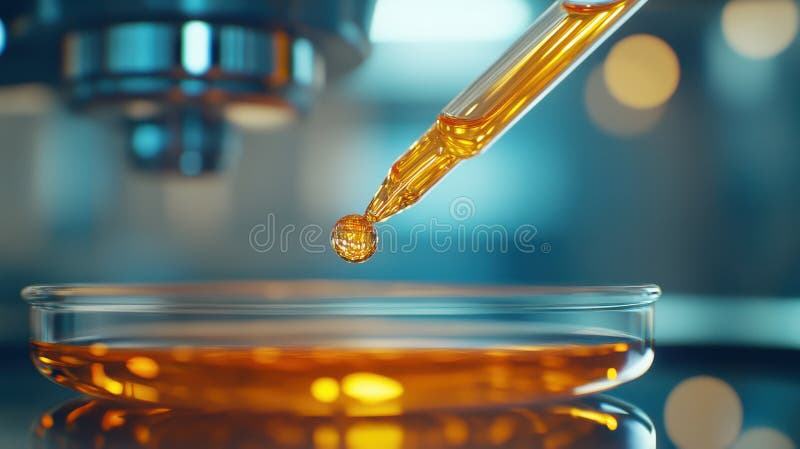 Golden Liquid Precision: Pipette Drop into Petri Dish, Lab Precision ...