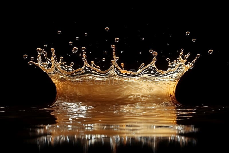 Golden Liquid Splash Forms Crown Shape with Droplets and Reflections ...