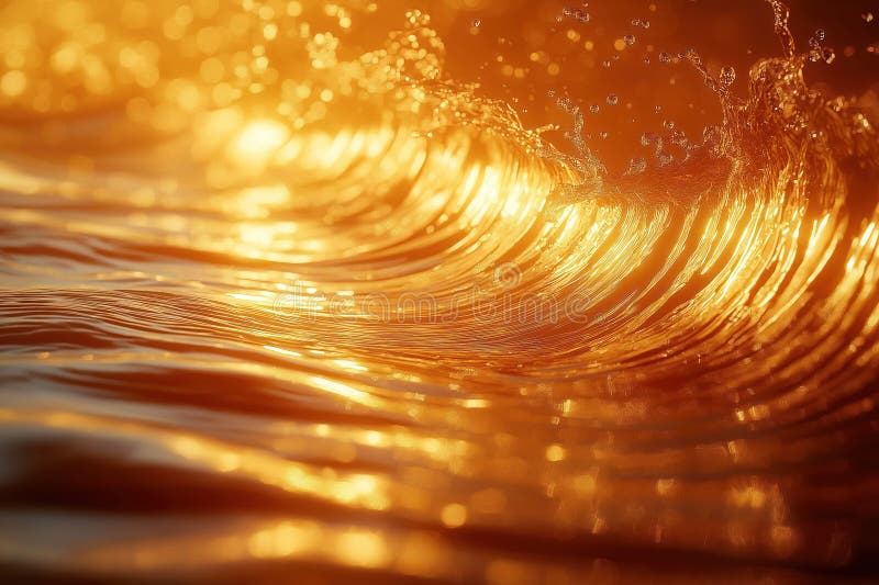 Golden Liquid Waves with Splash. Sunlight Reflects on Water Surface ...