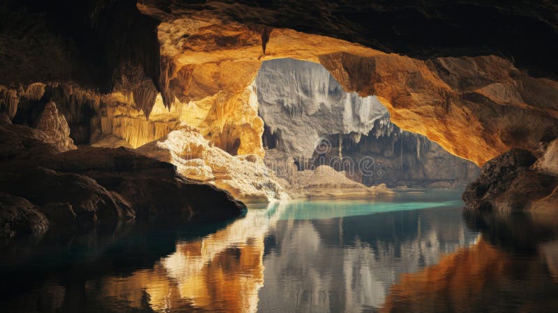 Golden Lit Cave Entrance with Teal Water Reflection Stock Illustration ...