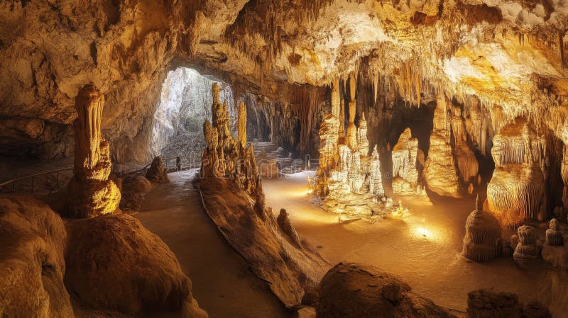 Golden Lit Cave Interior with Stalagmites and Stalactites Stock ...