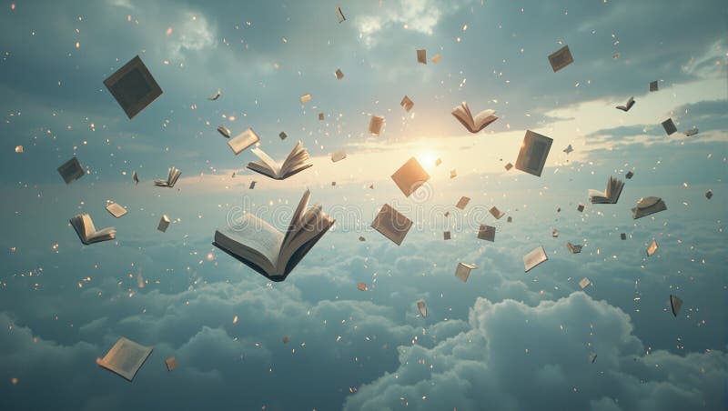 Golden Lit Floating Books in Cloudy Sky Stock Illustration ...