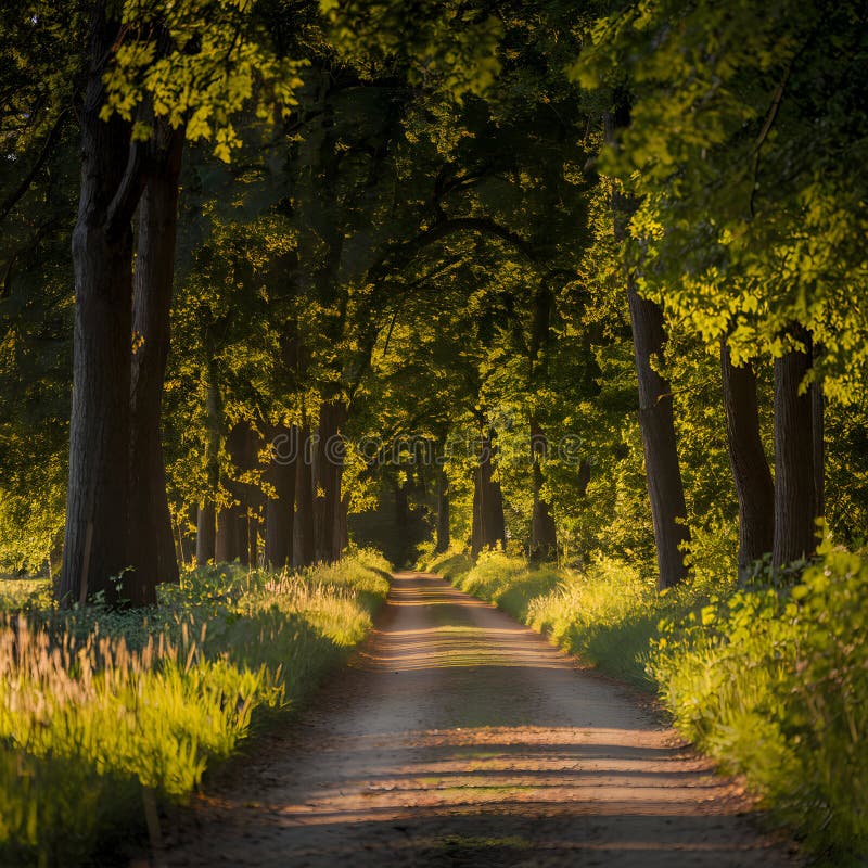 Golden Lit Forest Pathway Invites Tranquility and Exploration Stock ...