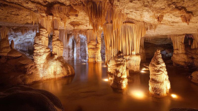 Golden Lit Underground Cave with Stalactites and Stalagmites Stock ...