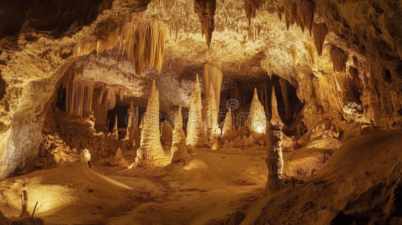 Golden Lit Underground Cave with Tall Stalagmites and Stalactites Stock ...
