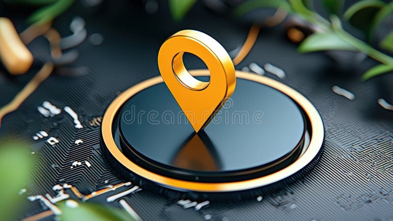 Golden Location Icon on Black Surface Surrounded by Greenery and ...