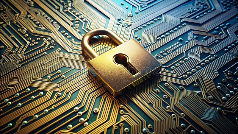 Golden Lock on Circuit Board Digital Security Concept Stock ...