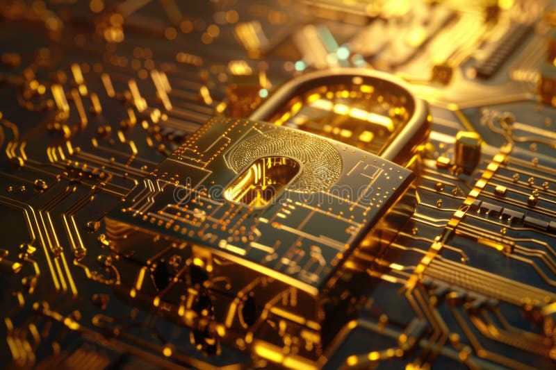 Golden Lock is on a Circuit Board Stock Image - Image of virus ...