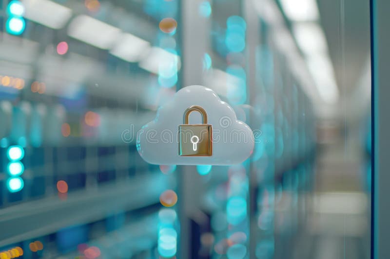 Golden Lock Icon on White Cloud in Data Center with Blue Lights ...