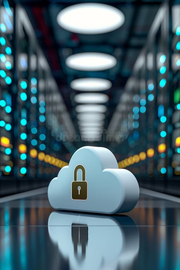 Golden Lock Icon on White Cloud in Server Room with Blue Lights for ...
