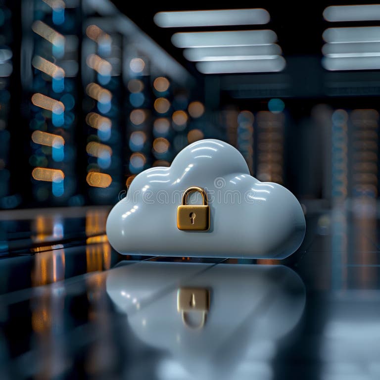Golden Lock Icon on White Cloud in Server Room with Blue Lights ...
