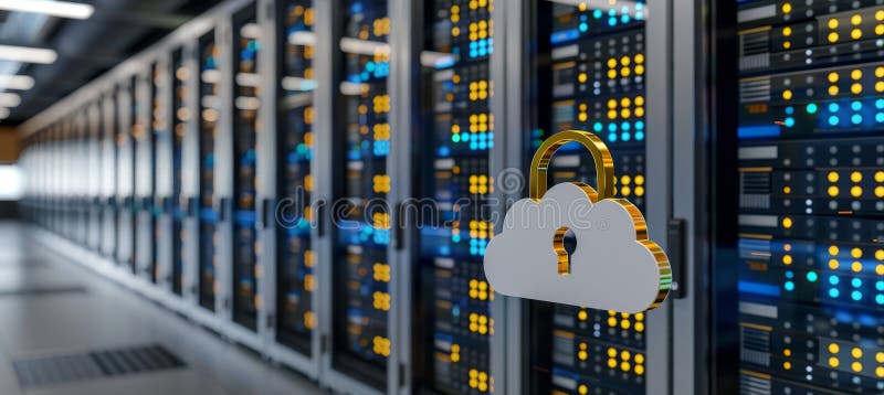 Golden Lock Icon on White Cloud in Server Room with Blue Lights ...