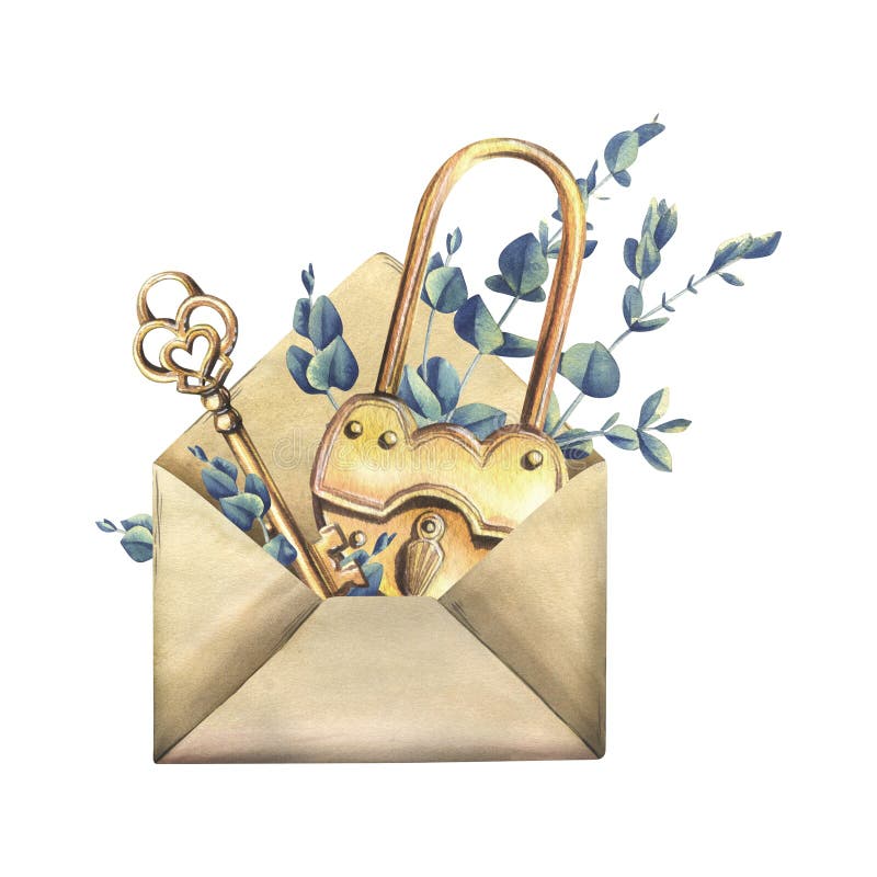 Golden Lock and Key with Eucalyptus Branches Inside a Craft Envelope ...