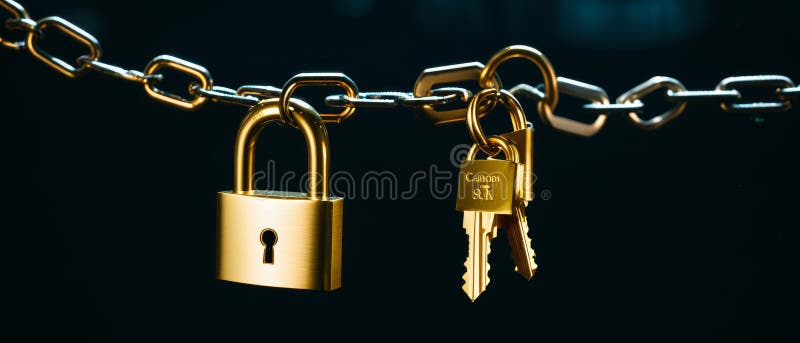 Golden Lock and Keychain Symbolizing Security and Access on Steel Chain ...