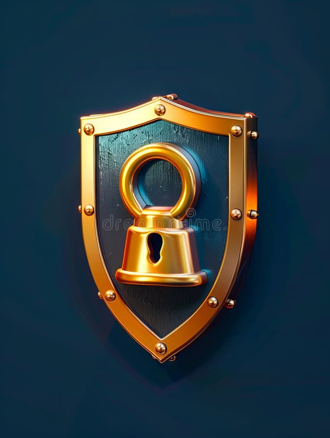 Golden Lock on a Shield 3d Illustration Stock Illustration ...