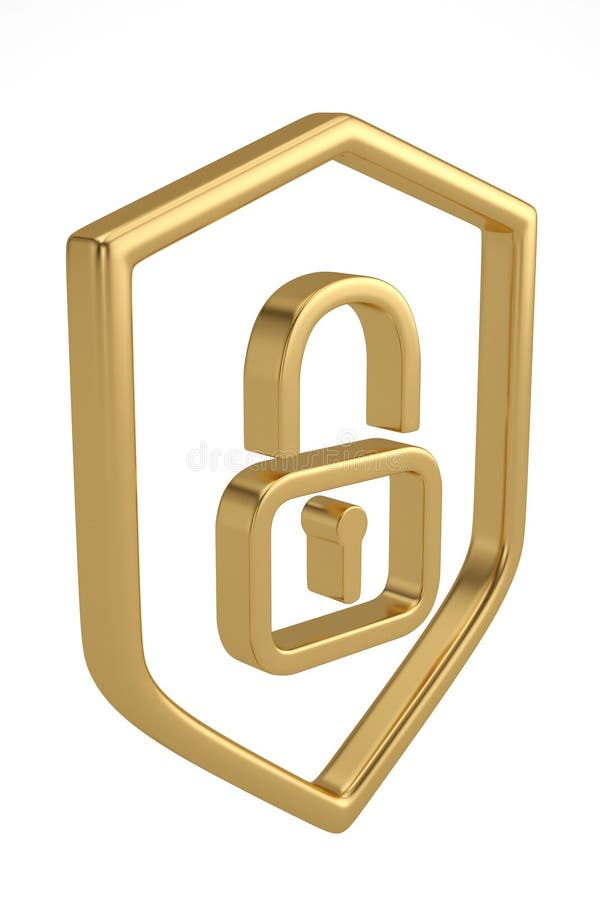 Golden Lock and Shield Symbol Isolated on White Background 3D Il Stock ...