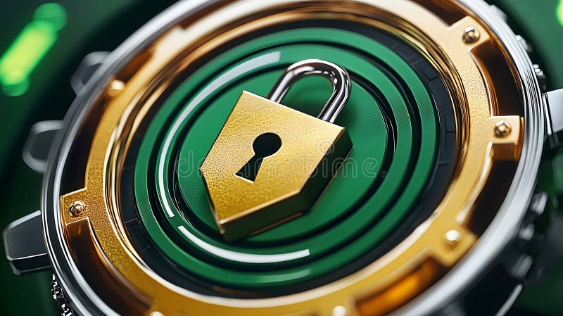Golden Lock Symbol on Green Background with Circular Patterns Representing Security and ...