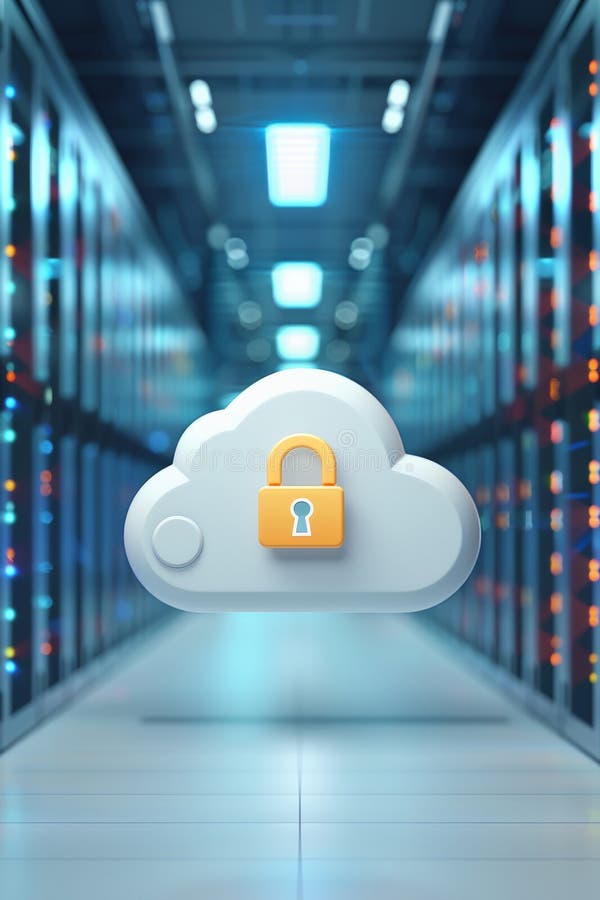 Golden Lock Symbol on White Cloud in Data Center with Flashing Blue ...