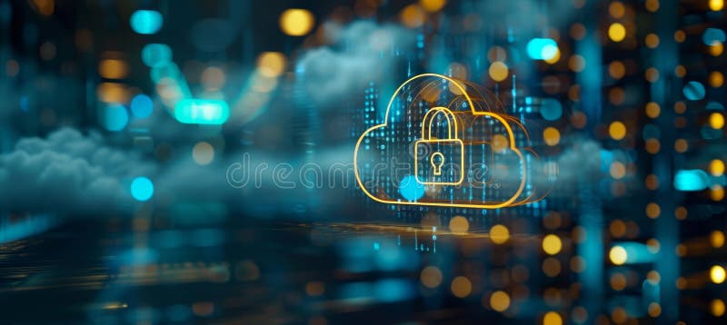 Golden Lock Symbol on White Cloud in Server Room with Blue Lights for ...