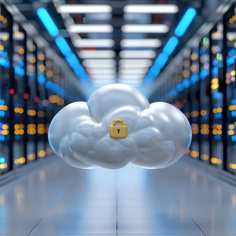 Golden Lock Symbol on White Cloud in Server Room with Blue Lights ...