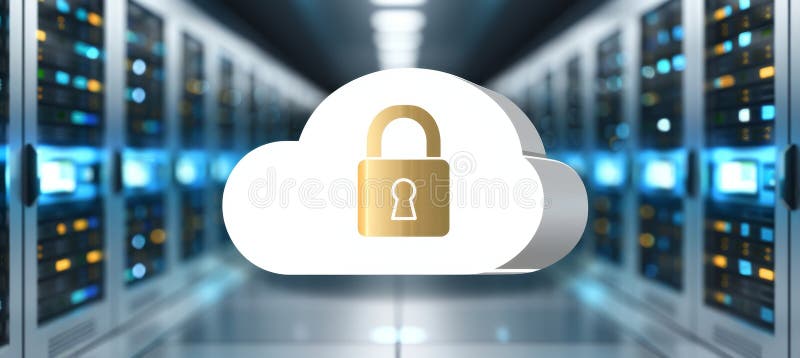 Golden Lock Symbol on White Cloud in Server Room with Flashing Blue ...