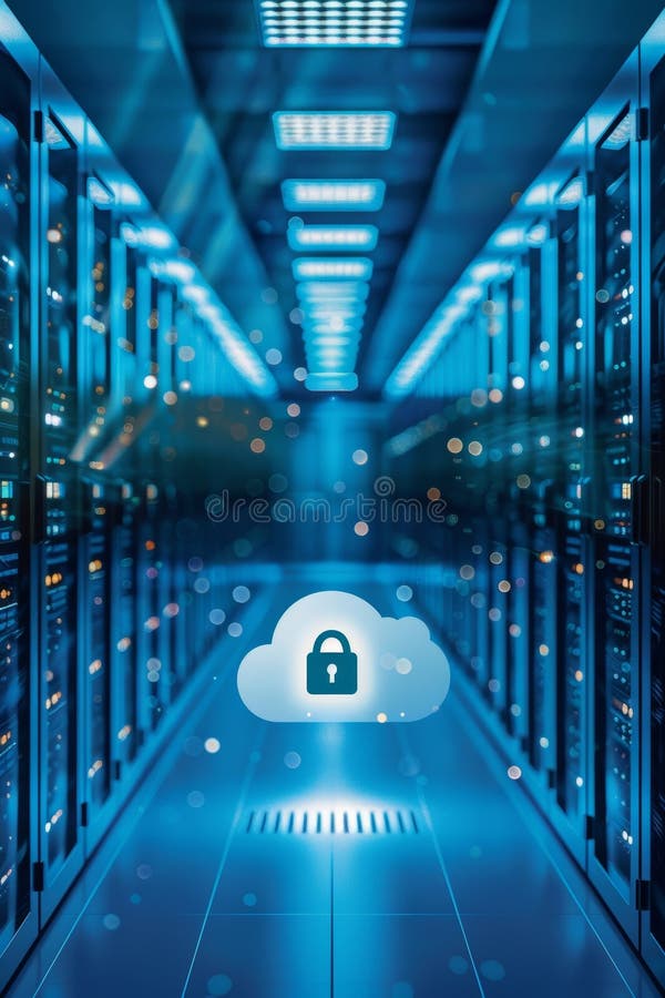 Golden Lock Symbol in White Cloud in Server Room with Flashing Blue ...