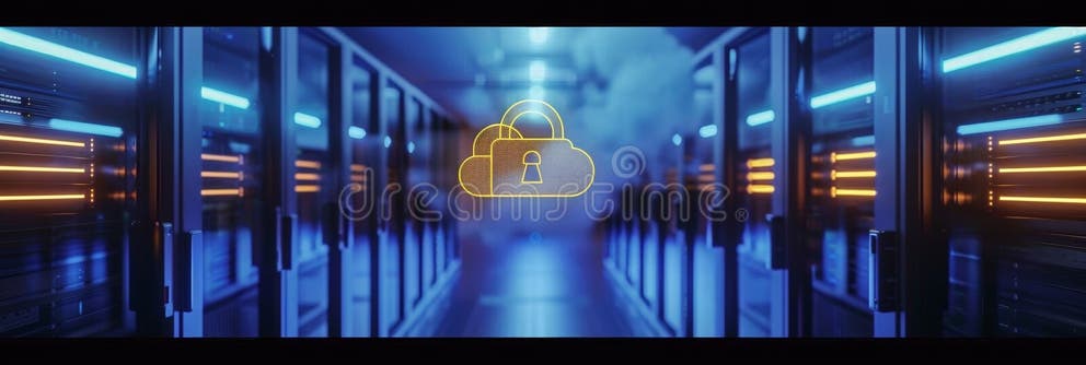 Golden Lock Symbol on White Cloud in Server Room with Flashing Blue ...