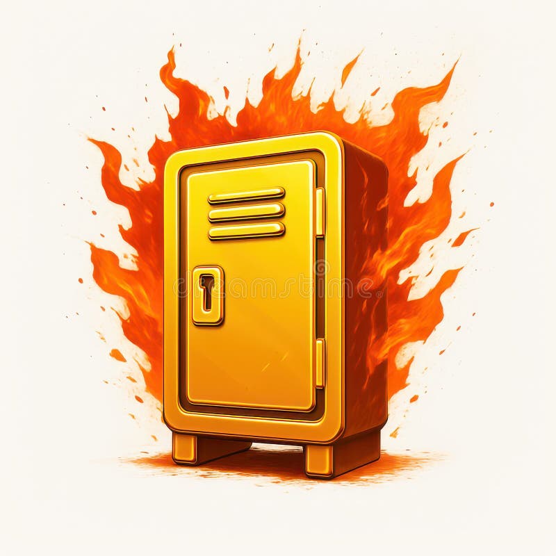 Golden Locker Engulfed in Flames Illustration on White Background with ...