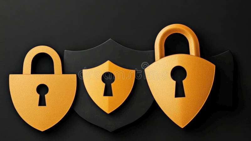 Golden Locks and Shields on a Black Background Symbolizing Security and ...