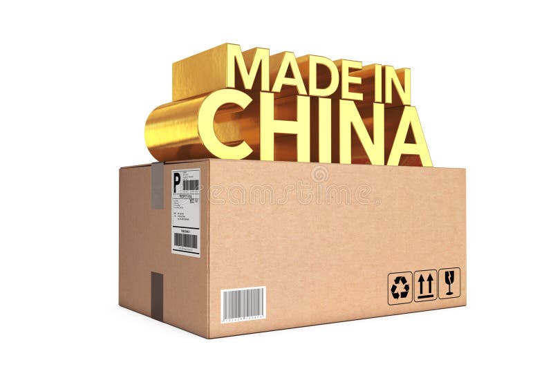 Golden Made in China Sign Over Parcel Box. 3d Rendering Stock ...