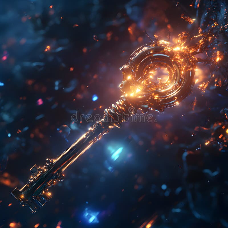 Golden Magical Key with Glowing Effects on Dark Background Stock ...