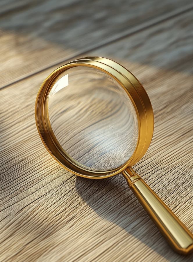 Golden Magnifying Glass on a Wooden Surface Stock Photo - Image of ...