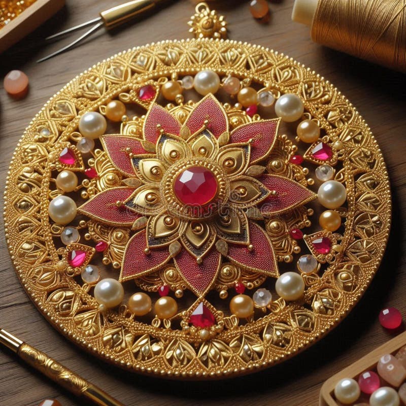 A Golden Mandala Art with Golden Beads ,ruby and Pearl. Stock ...