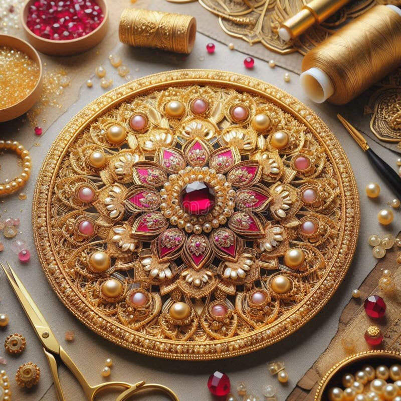 A Golden Mandala Art with Golden Beads ,ruby and Pearl. Stock ...