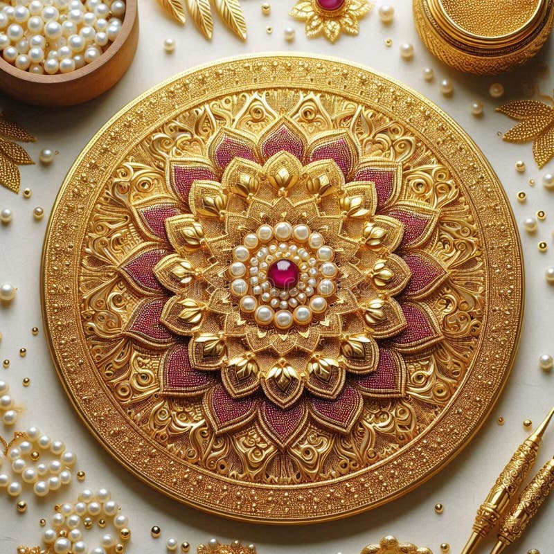 A Golden Mandala Art with Golden Beads ,ruby and Pearl. Stock ...