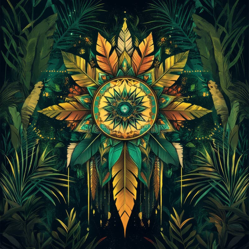 Golden Mandala with Feathers in a Tropical Jungle Stock Illustration ...