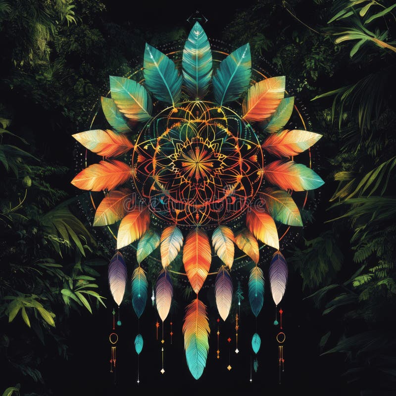 Golden Mandala with Feathers in a Tropical Jungle Stock Illustration ...